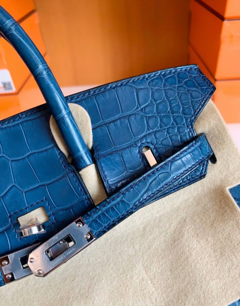 Hermes Birkin Shiny Alligator Crocodile 1P Noble blue Silver Hardware ...